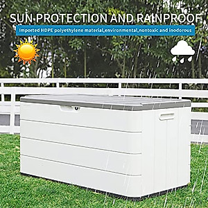 Mrosaa 85 Gallon Resin Deck Storage Box, Lockable Outdoor Storage Box Waterproof for Garden Tool,Pool Accessories, and Outdoor Cushion Storage, Light Beige