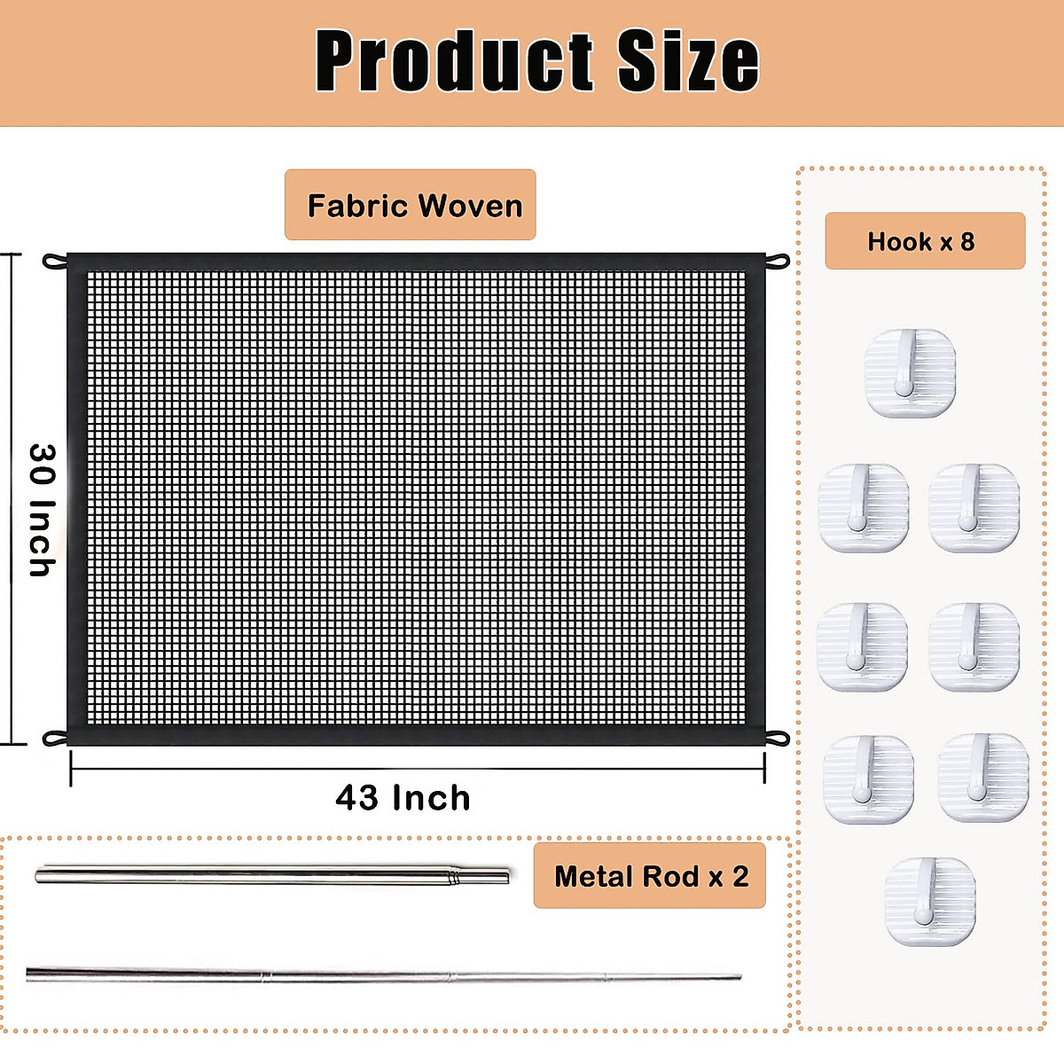 Mesh Gates for Kids or Pets, Magic Pet Gate for The House, Portable Baby Puppy Safety Fence Guard for Stairs and Doorways, Easy Install Anywhere, 43" W x 30" H, 8 Hooks