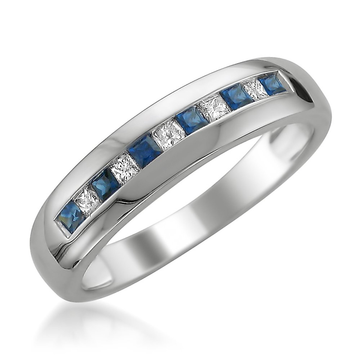 Beyond Brilliance 1/2 Carat Diamond, Channel Set 14K White Gold Princess Cut Diamond & Blue Sapphire Wedding Band Finger Ring for Men (I-J, I1-I2) Natural Diamond Fine Jewelry | Gift Box Included Size-11.5