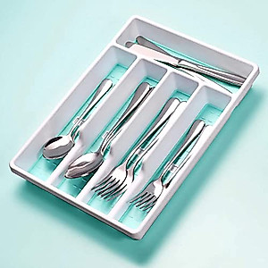 Joequality Silverware Organizer with Icons，Plastic Cutlery silverware Tray for Drawer，Utensil Flatware Tableware Organizer for Kitchen with Non-slip TPR,Fits Standard Drawer,5-Compartment，Mint
