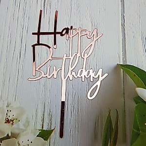 Happy Birthday Cake Topper for Birthday Party Decorations (Mirror Rose Gold Acrylic)