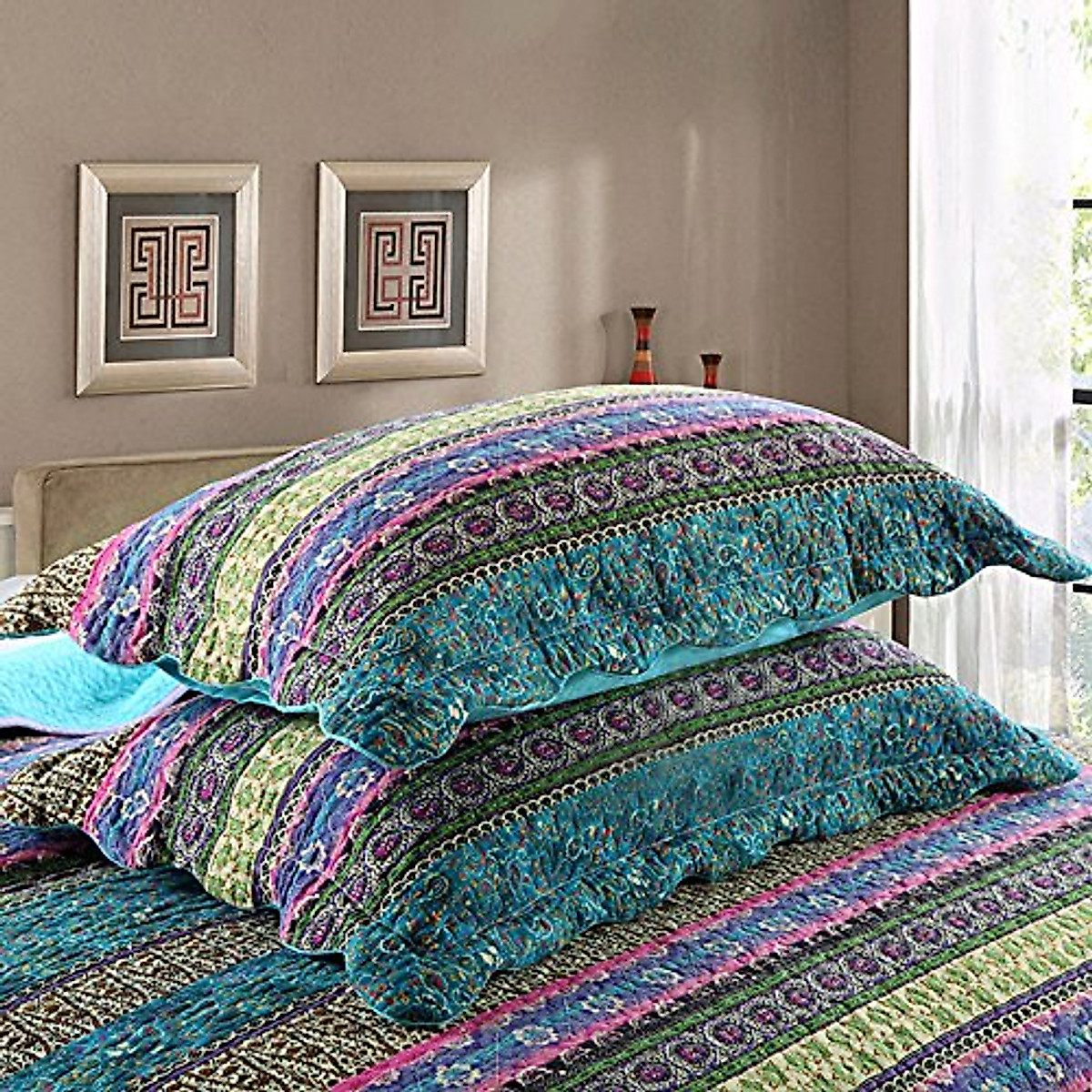 NEWLAKE Striped Jacquard Style Cotton 3-Piece Patchwork Bedspread Quilt Sets, Queen Size