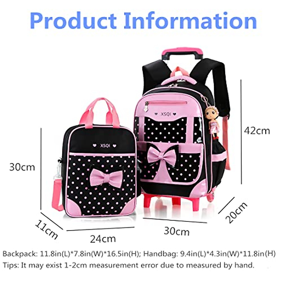 Bowknot Kids Rolling School Backpack 2Pcs Polka Dot Princess Style Trolley Bookbag on Two Wheels