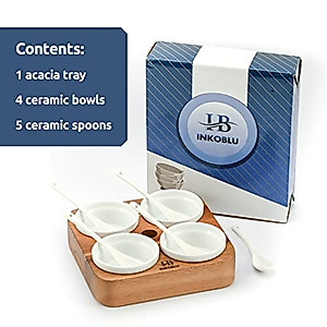 Ceramic Dipping Bowls Set of 4 with Tray and Spoons, Dip Bowls for Side Dishes, Chip and Dip Serving Set for Sauce, Condiment, Dessert, Salsa, Snacks, Acacia Wooden Board With Cocktail Stick Holder