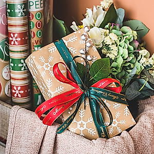 RUSPEPA Christmas Wrapping Paper, Kraft Paper - Snowflakes, Red and Green Stripe and Christmas Greetings - 4 Rolls - 30 inches x 10 feet per Roll