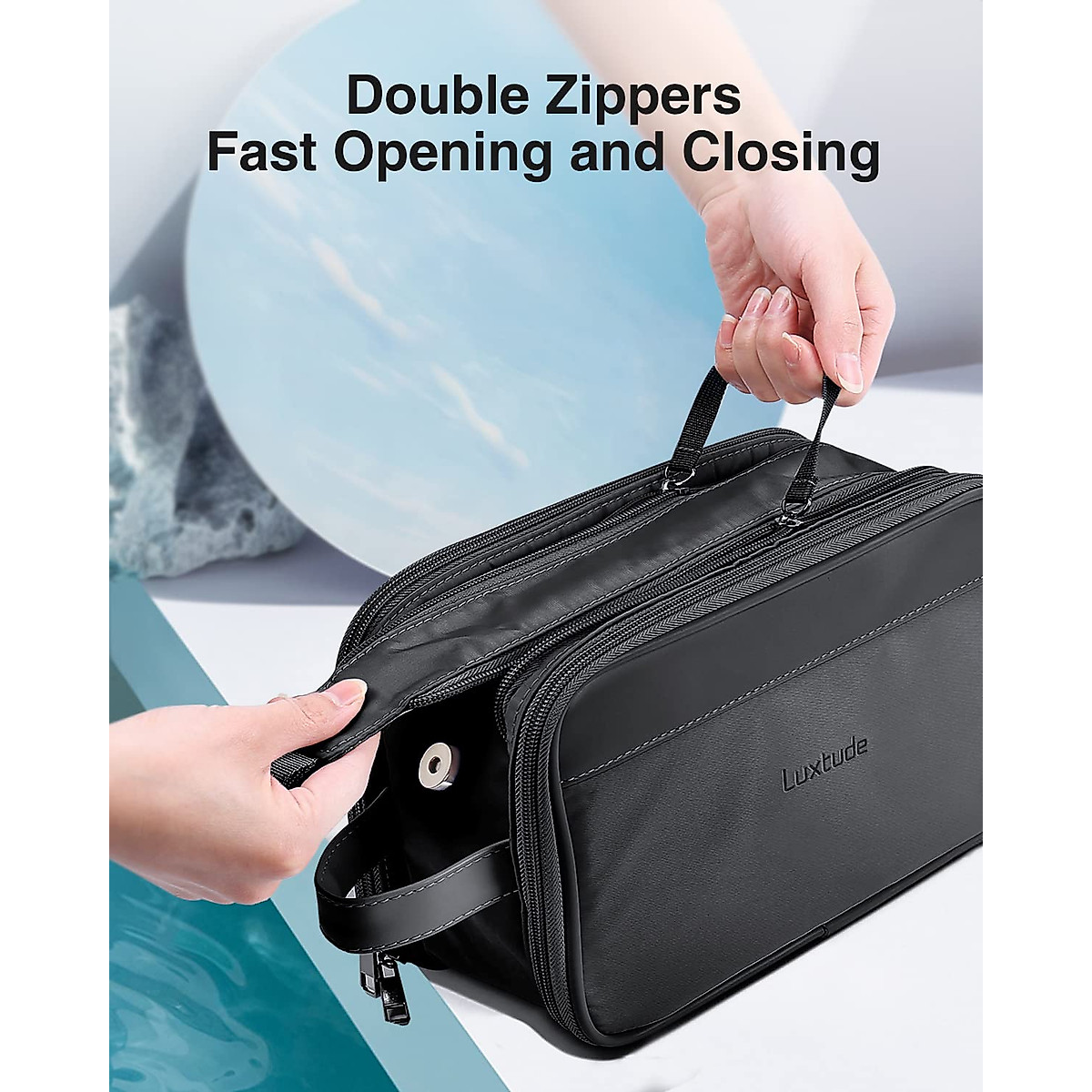 Luxtude Travel Toiletry Bag for Men Water-resistant, Large Shaving Dopp Kit with Double Zipper Opening, Compact Toiletry Cosmetic Organizer Bathroom Shower Bag for Toiletries and Shaving Supplies etc.