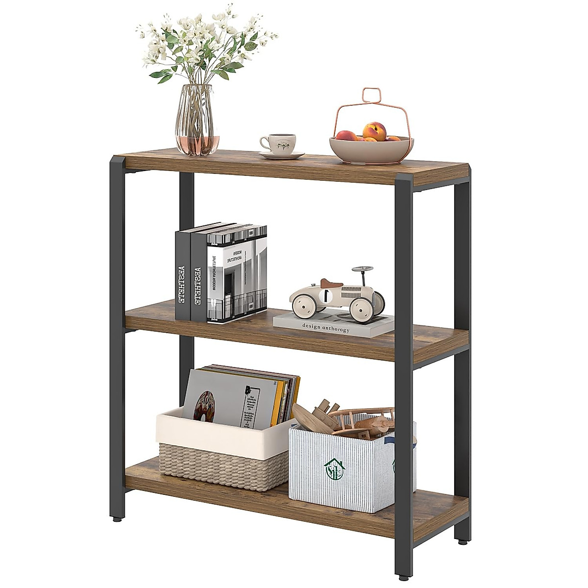 EXCEFUR Small Bookshelf, 3 Tier Short Low Book Shelf, Modern Metal and Wood Standing Etagere Bookcase for Home Office Living Room Bedroom, Rustic Brown