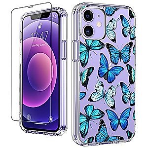 LUHOURI iPhone 12 Case, iPhone 12 Pro Case with Screen Protector, Clear Fashion Design Cover for Women Girls, Slim Fit Protective Phone Case for iPhone 12/12 Pro 6.1" Blue Butterflies Flower