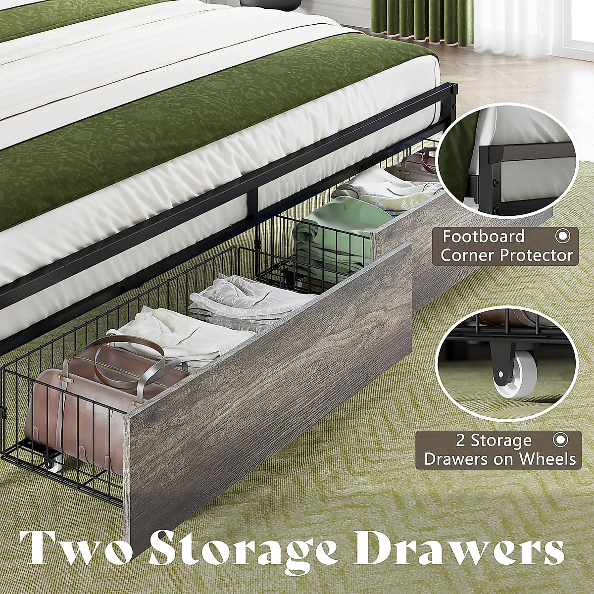 AMERLIFE LED Bed Frame with Drawers, King Platform Bed Frame with 2-Tier Storage & Leather Upholstered & Charging Station Headboard, No Box Spring Needed, Easy Assembly, Noise Free, Rustic Grey