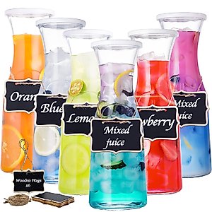 Set of 6 Glass Carafe Pitchers with Lids, Claplante 1 Liter Beverage Pitcher Carafe Set for Mimosa Bar, Juice Container for Brunch, Cold Water, Juice, Milk, Iced Tea -With 4 Wooden Chalkboard Tags