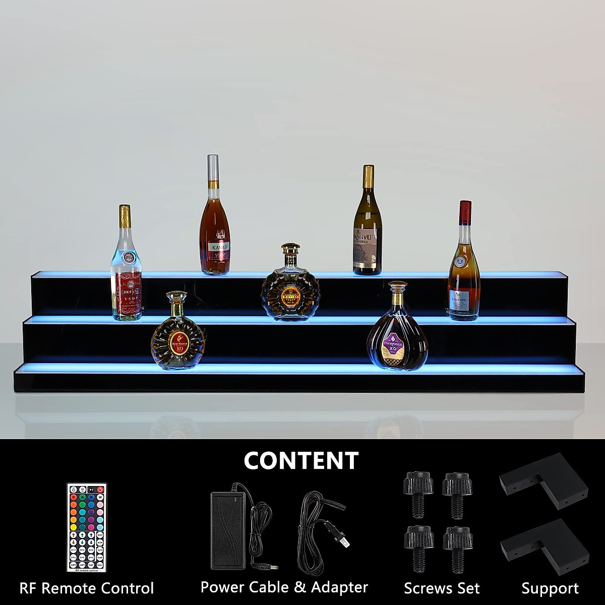 ROVSUN 3 Step 60 Inch LED Lighted Liquor Bottle Display Shelf with Remote Control, Acrylic Lighted Drinks Lighting Shelves Illuminated Bar Shelves for Liquor Bottles Commercial Home Bar Accessories