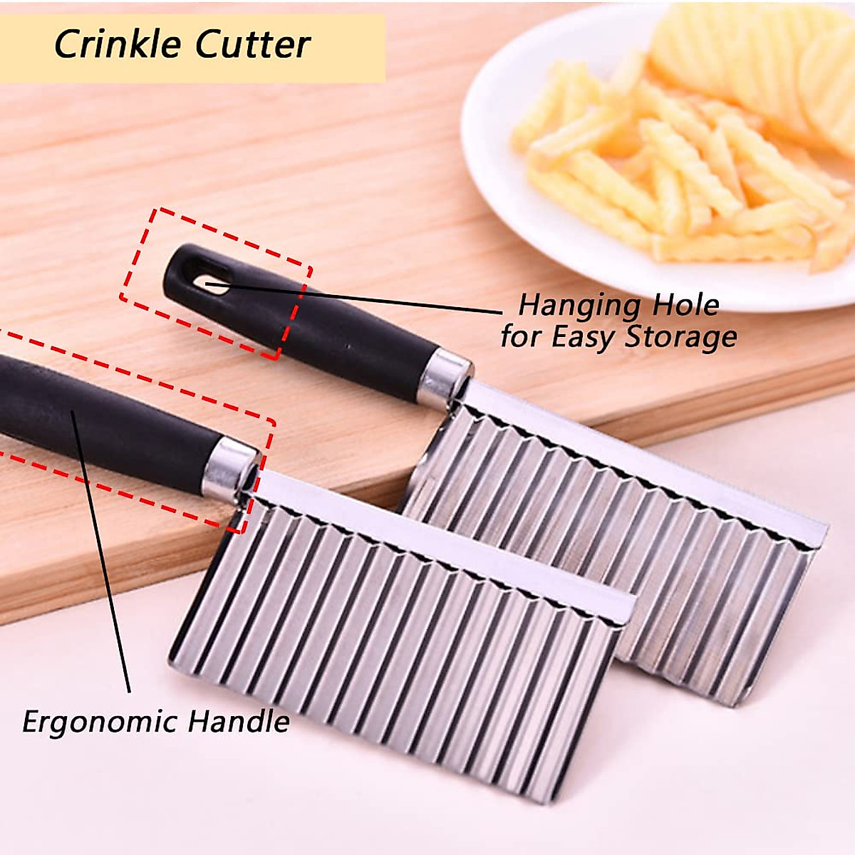 Crinkle Cutter Knife Stainless Steel Cutting Tool for Potato Carrot Chip Vegetable French Fry, Wavy Chopper Wave Slicer Steel Blade, Kids Lunch Accessories (Black Handle)