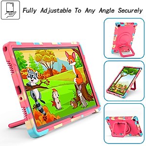 TDA Trading Case for Samsung Galaxy Tab A7 10.4" 2020 (SM-T500/ SM-T503/ SM-T505/ SM-T507) - Hybrid Shockproof 360 Rotating Multi-Functional Ring Stand Case with Shoulder Straps (Multicolor/Pink)