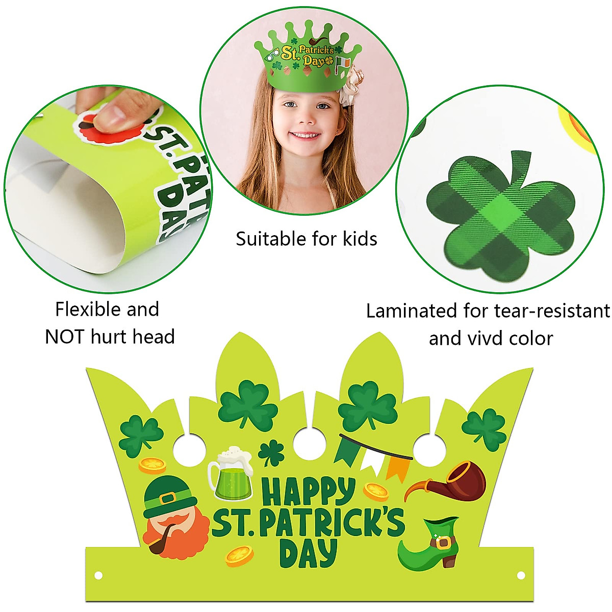 24 Sets of St. Patrick's Day Crown Crafts Kit for Kids St. Patricks Day DIY for Irish Party Shamrock Clover Paper Hat Decorations Saint Patrick's Day Classroom Supplies Favors