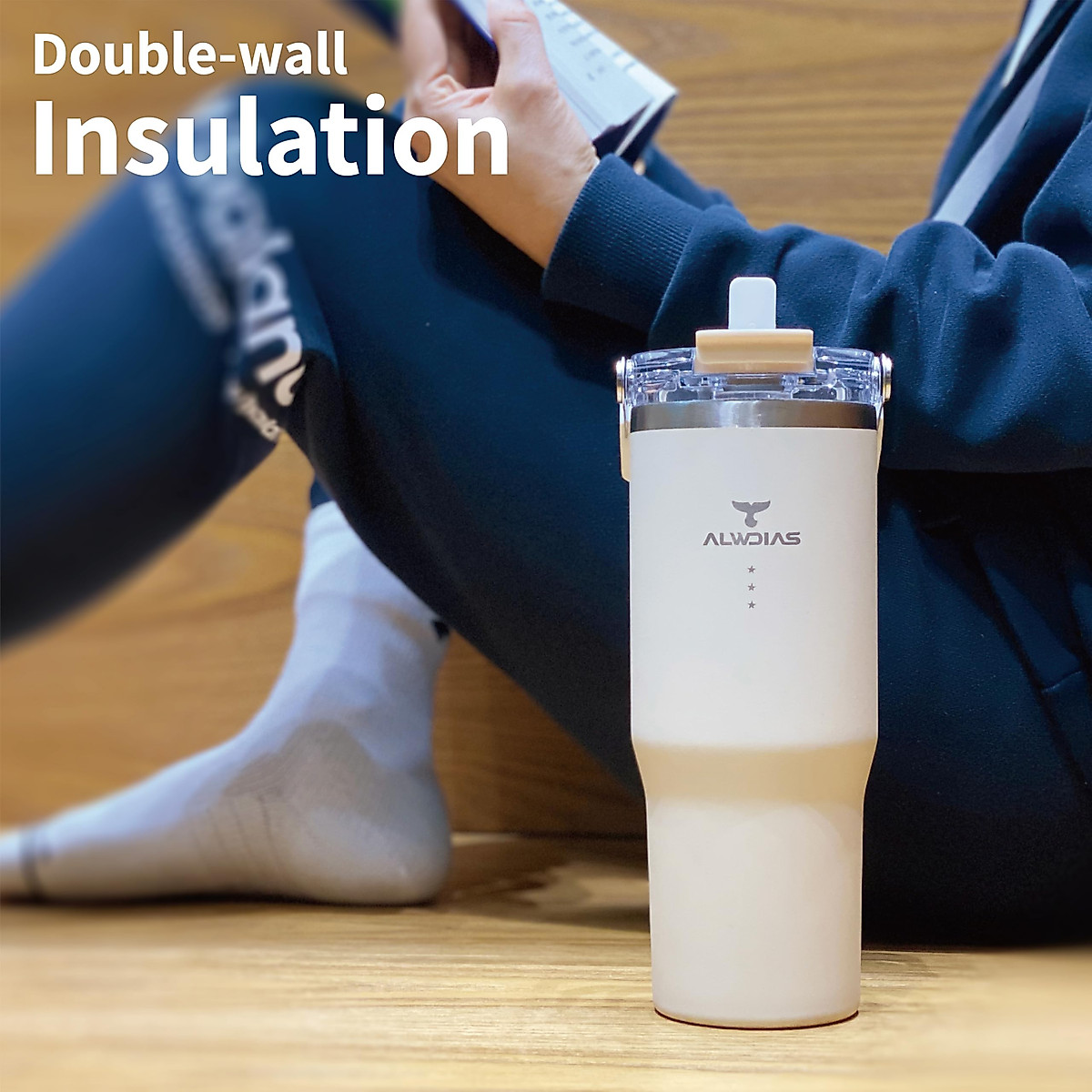 Alwdias Samsta Stainless Steel Tumbler with Handle and Straw | Leakproof Vacuum Insulated Water Bottle | Keep Cold 24H | Cup Holder Friendly Double Walled Travel Mug | 32 oz, Black