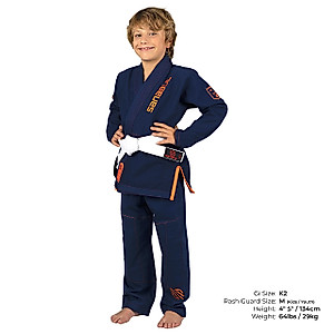 Sanabul Future Legends BJJ Gi for Kids Jiu Jitsu Gi Kimono for Children Youth Preshrunk Fabric & BJJ White Belt Included - Navy/Orange, K1