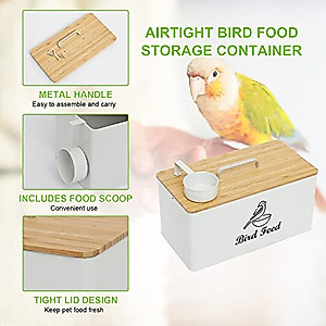 Brabtod Bird Seed Storage Container-Rectangular Pet Food Tin-with Bird Seed Scoop,Metal Airtight Bird Food Feeder with Wooden Lid, Ideal Store Sunflower Seed Wild Birdseed-White