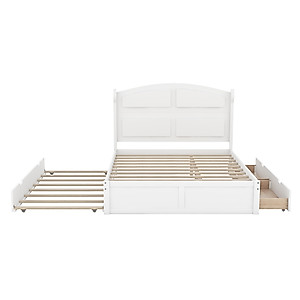 FANYHOME Queen Bed with Twin Size Trundle and 2 Drawers, Wood Queen Size Platform Bed Frame with Headboard, Trundle Bed with Storage for Girls Boys Teens Adults, White