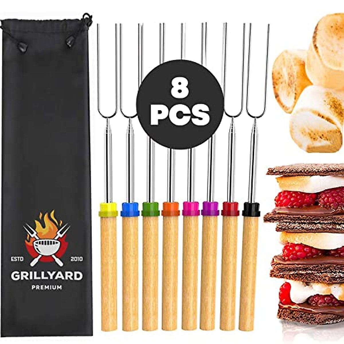 GRILLYARD Marshmallow Roasting Sticks – Smores Skewers for Fire Pit Kit– Durable Stainless Steel Camping Accessories with Wooden Handles – Practical and Easy to Use
