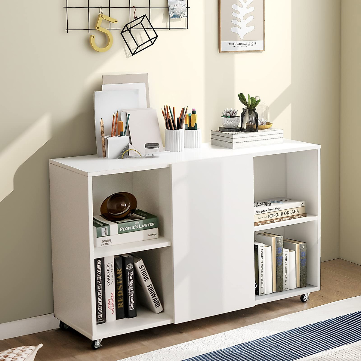 Tangkula Wood Bookcase with Wheels, Mobile Storage Cabinet w/ 6 Cubes, Printer Stand w/Open Shelf, Large Lateral Filing Cabinet, Multifunctional Storage Bookshelf for Home Office Study (White)