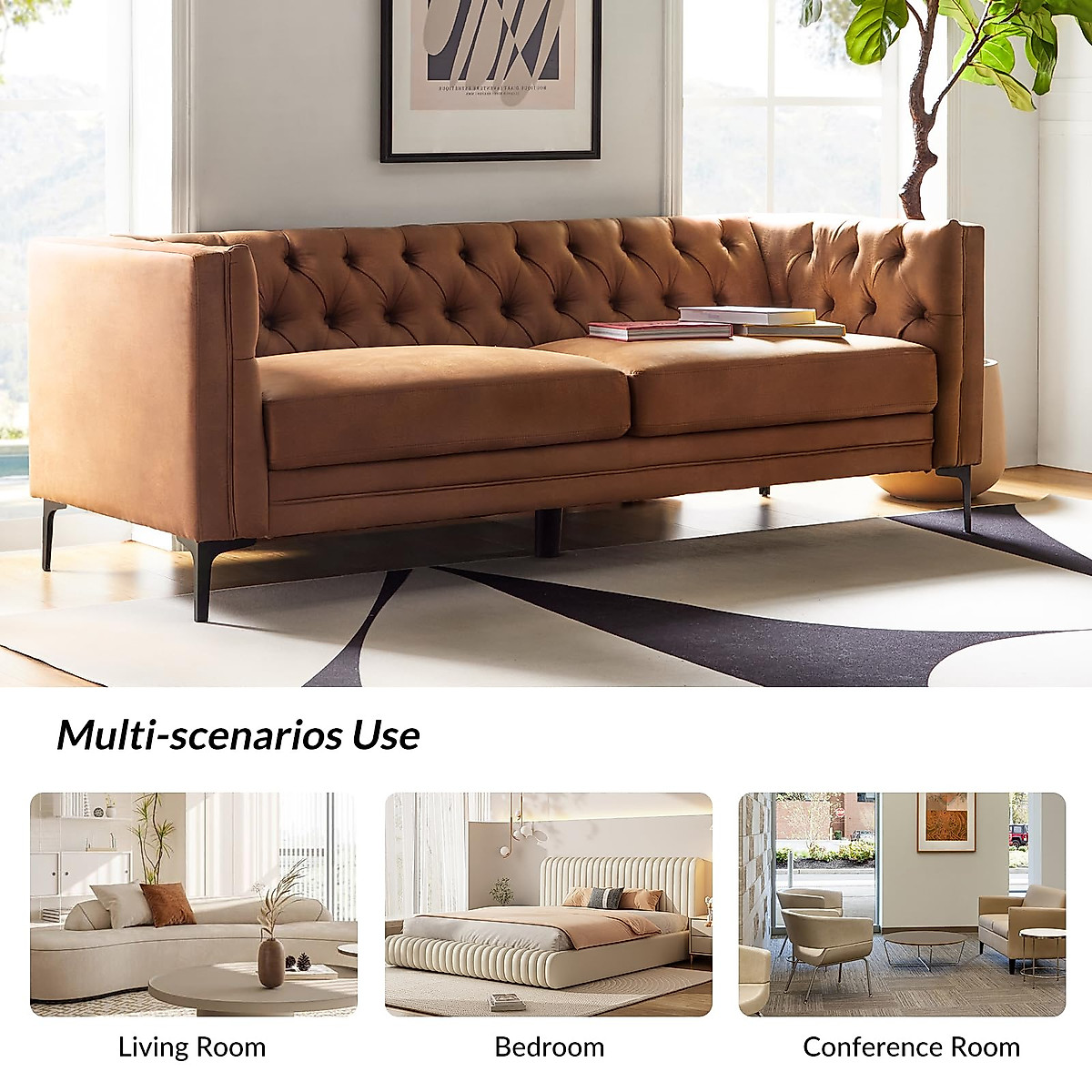 HULALA HOME 84" W Suede Faux Leather Sofa Couch with Metal Legs, Button-Tufted 3-Seater Sofa, Mid Century Modern Contemporary Upholstered Couch for Living Room, Entertainment Area, Apartment,Camel