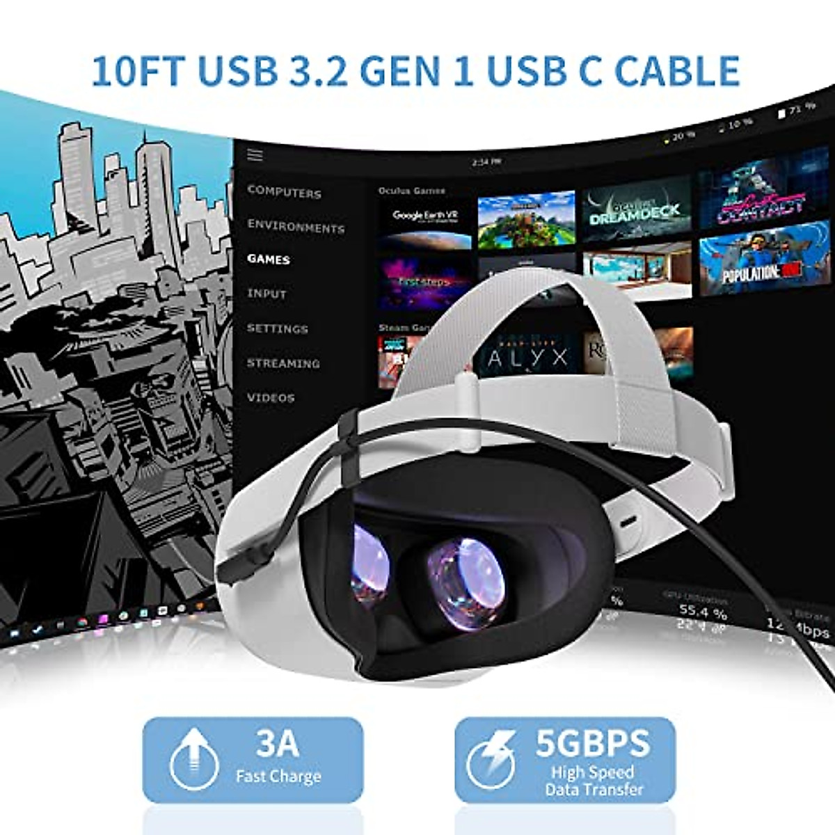 VeeR Link Cable 10FT Compatible with Meta/Oculus Quest 2 Accessories, USB C Cable Quest 2 Link Cable Compatible with PC/Steam VR, High Speed Data Transfer & Fast Charging Cord E-Marker Included