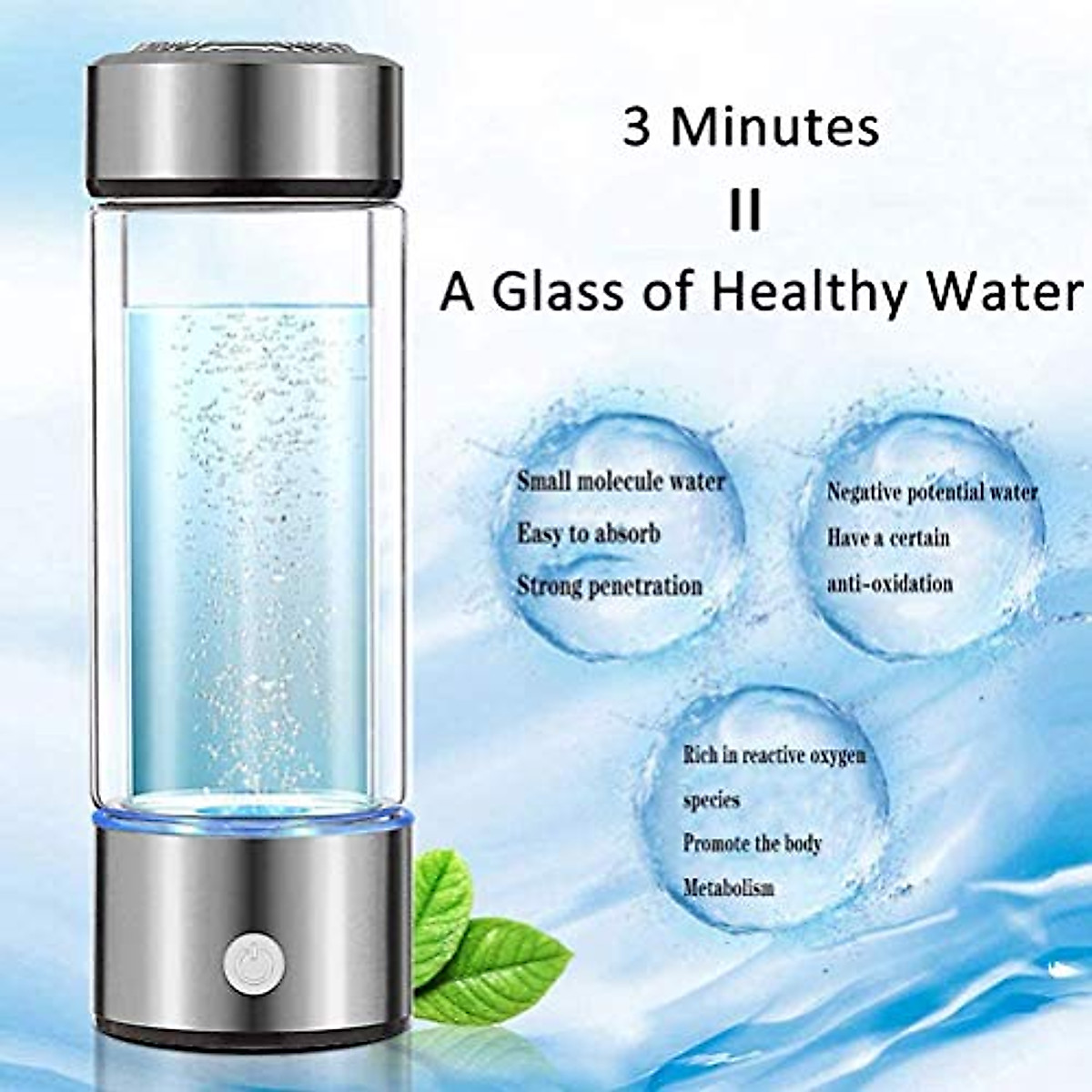 Hydrogen Rich Health Cup Alkaline Ionizer Generator USB Rechargeable Electrolysis Generator Ionization Bottle Weak Alkaline Cup Anti-Oxidation and Anti-Aging Glass Health Cup