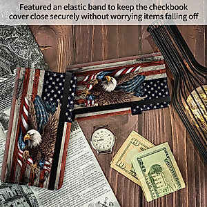 FUYOCWE Leather Checkbook Cover for Men Women Check book Holder Cover Wallets for Personal Checkbook Duplicate Checks with RFID Blocking & Elastic Strap-Bald Eagle with Flag