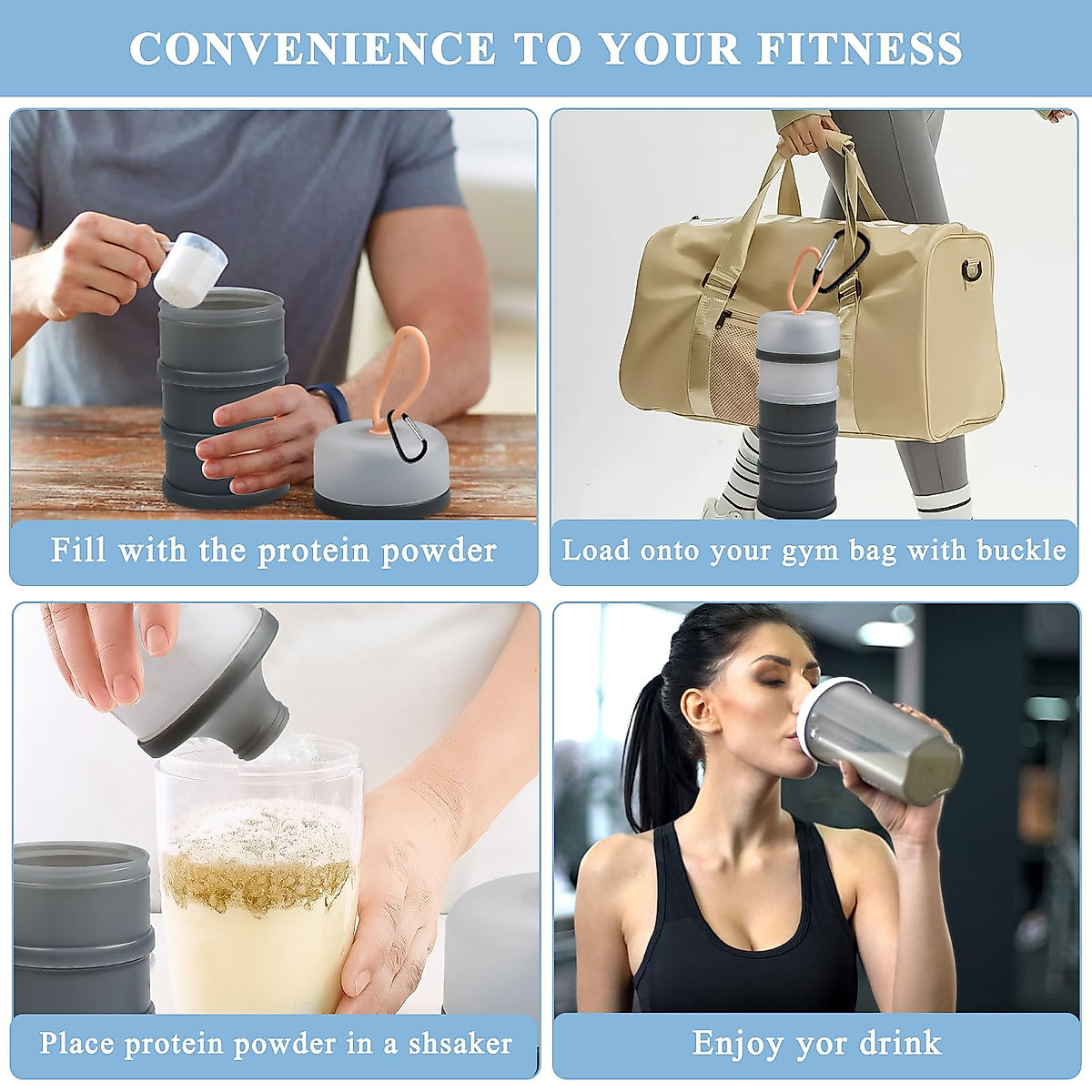 Milkary 4Pcs Protein Powder Storage Container, 4 Layer Stackable Leak-proof Formula Dispenser to Go with Funnels Stand, Portable Keychain Travel Protein Powder Container for Workout Fitness Travel