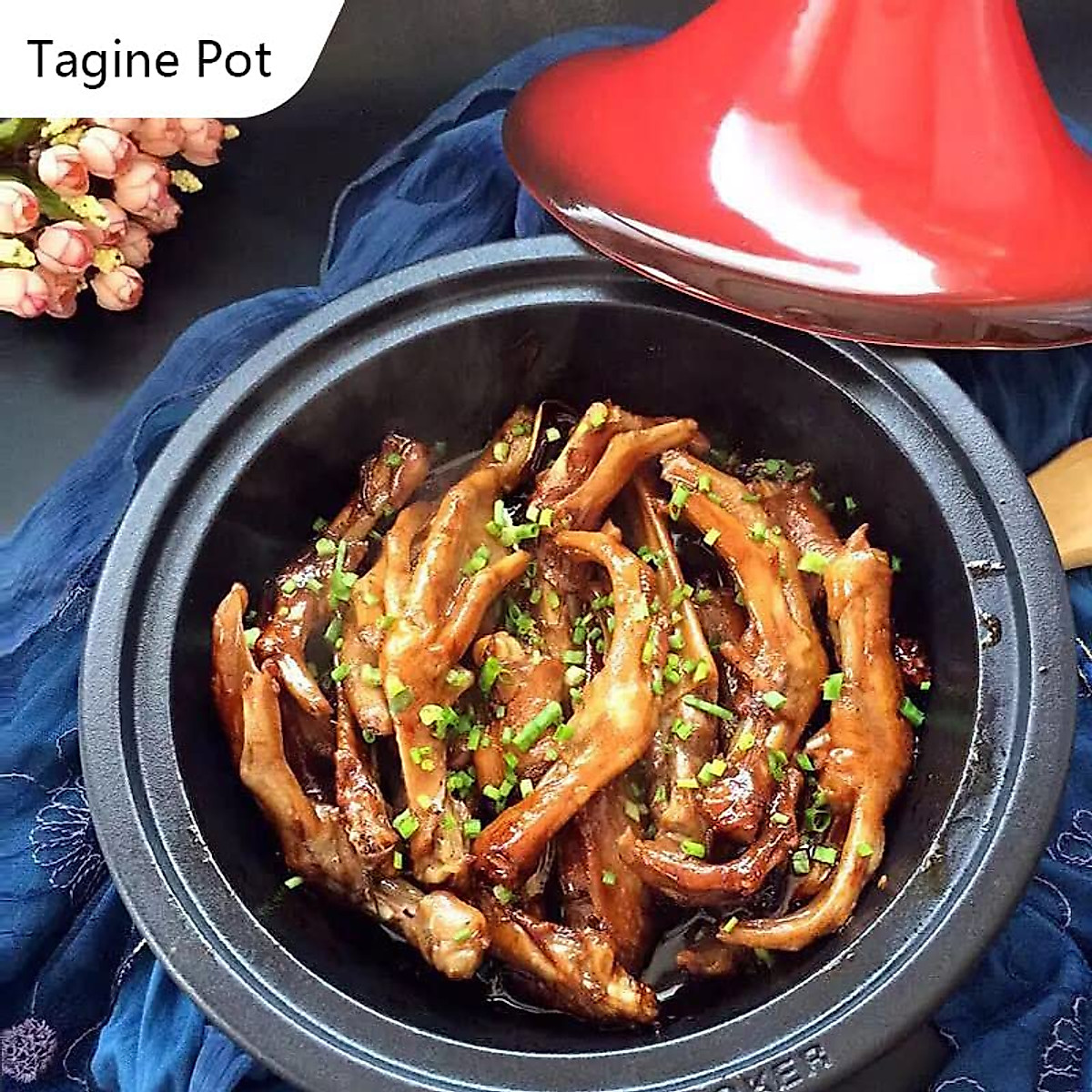 Moroccan Tagine Enameled Cast Iron Tajine Cooking Pot with Cone-Shaped Closed Lid for Stew Casserole Slow Cooker 1.7L Tajine Cookware (Purple)