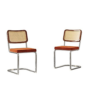 MeetLeisure Rattan Dining Chair Set of 2, Mid-Century Modern Chairs with Metal Chrome Legs, Armless Cane Back Chairs with Upholstered Cushion for Home Kitchen Dining Room, Walnut Brown/Orange