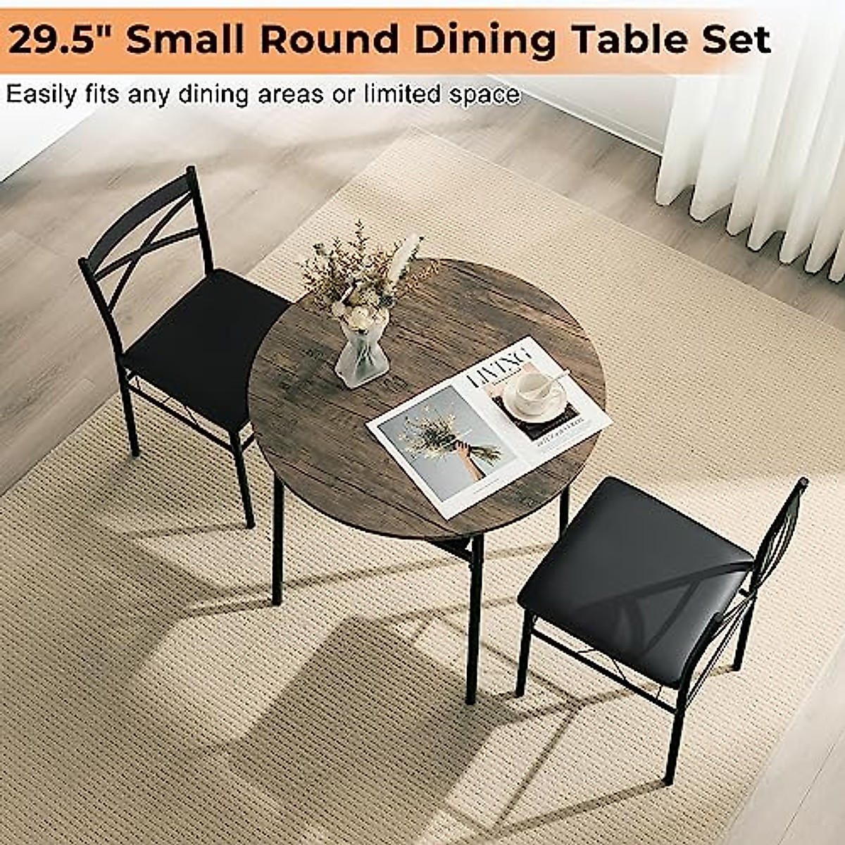 VINGLI 3 Piece Round Dining Set,29.5" Small Dining Table Set for 2,Round Kitchen Table with 2 Chairs Set for Small Space/Dining Room/Apartment,Upholstered Chairs,Metal Frame,Storage Shelf (Black)