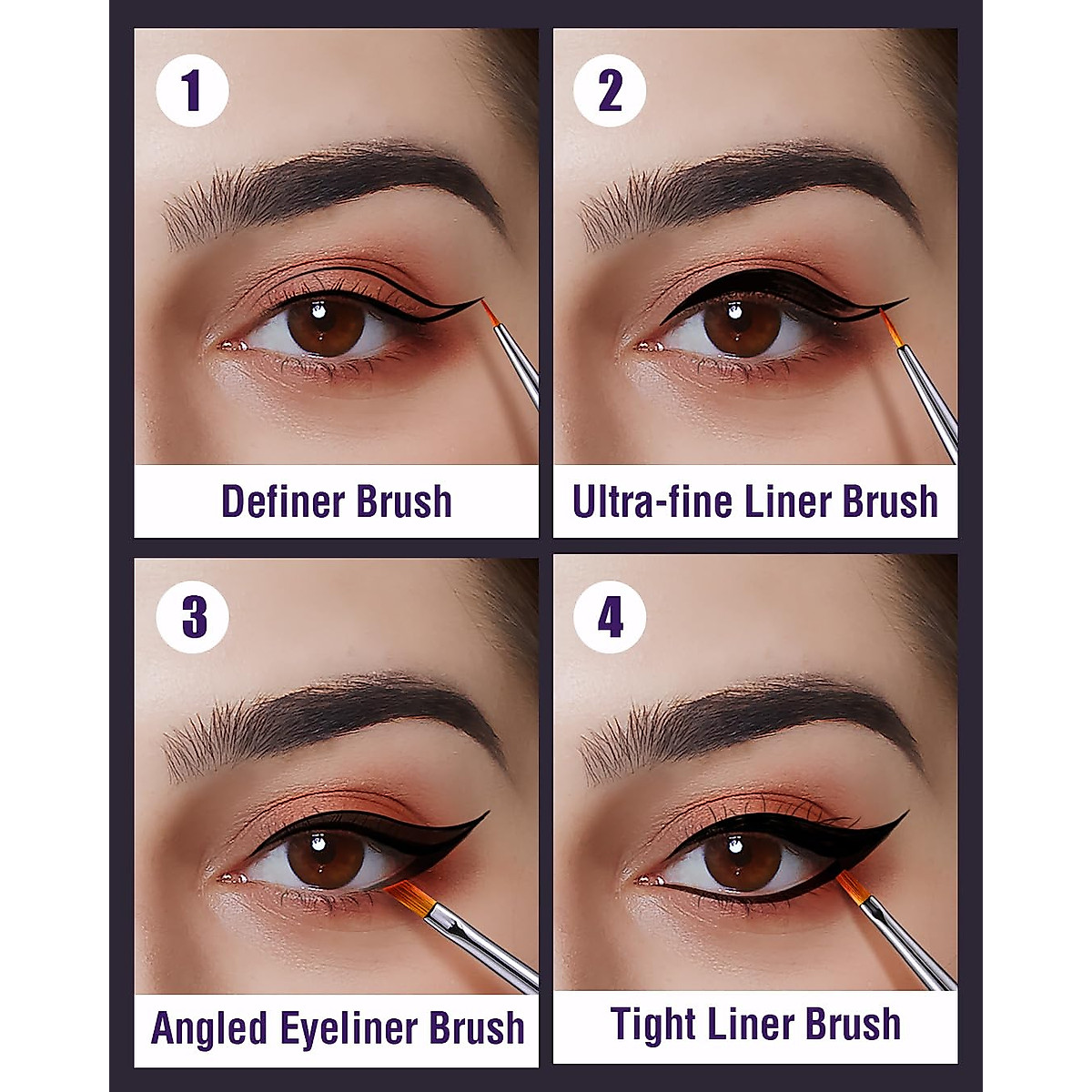 Eyeliner Makeup Brush Set - Angled Liner Brush, Tight Liner Brush, Definer Brush, Ultra-Fine Liner Brush Kit for Detailed Precision Eyeliner, Eyebrow Filling, Body or Face Painting, 4 Pieces