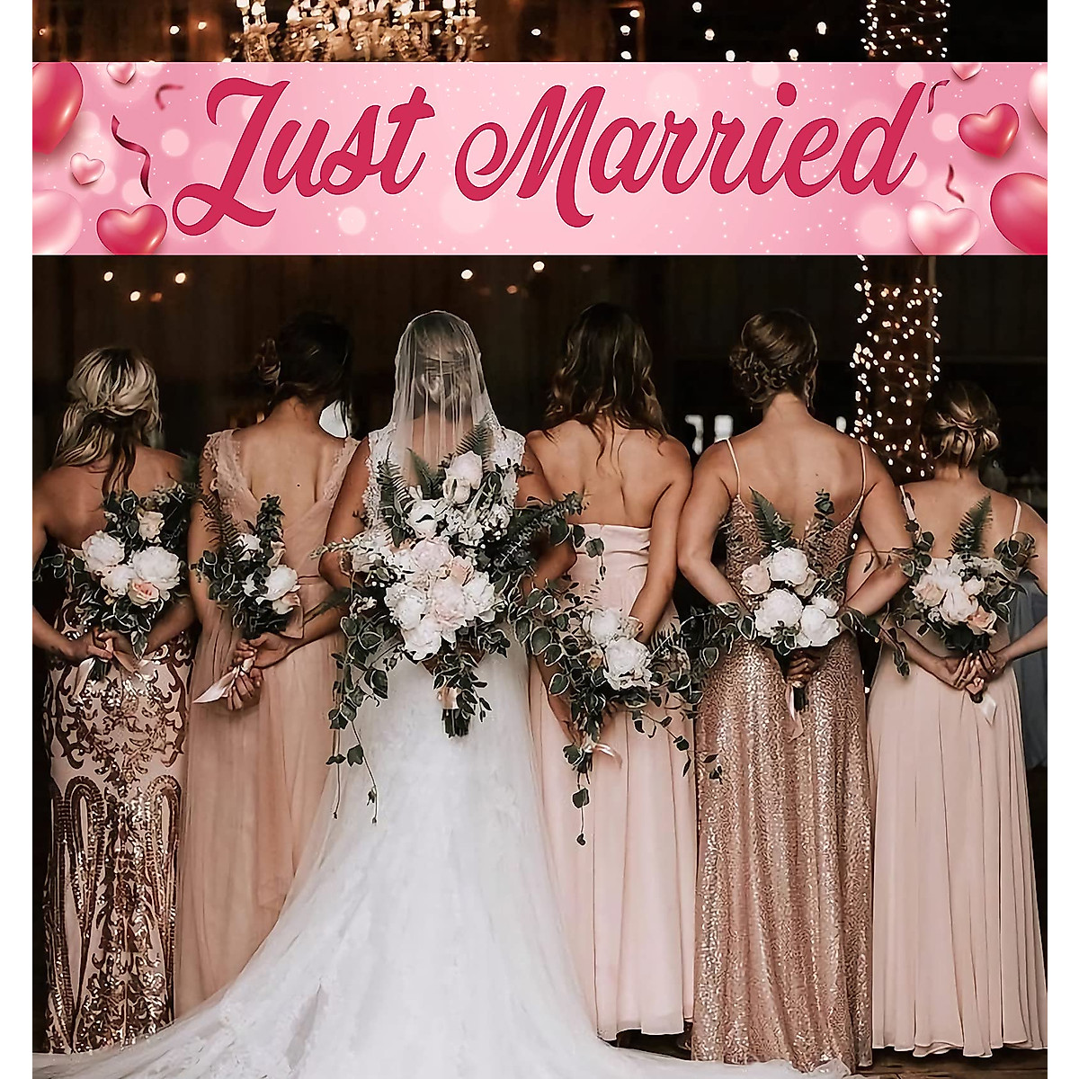 Just Married Large Banner, Wedding, Bridal Shower Porch Sign Lawn Sign, Rustic Wedding Reception Decorations, Indoor Outdoor Backdrop 8.9 x 1.6 Feet