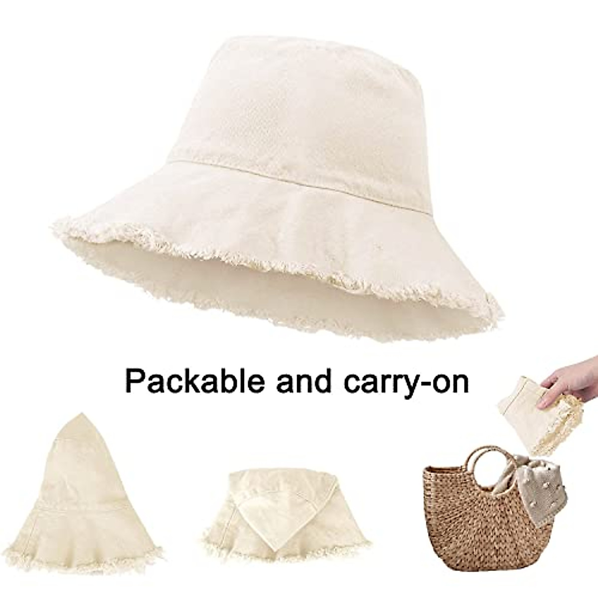 Bucket-Hat-Distressed Sun-Protection Washed-Cotton Beach-Sun-Hat - Summer-Wide-Brim(3.2inch Brim) Beach-Cap(Size:S-M) Beige