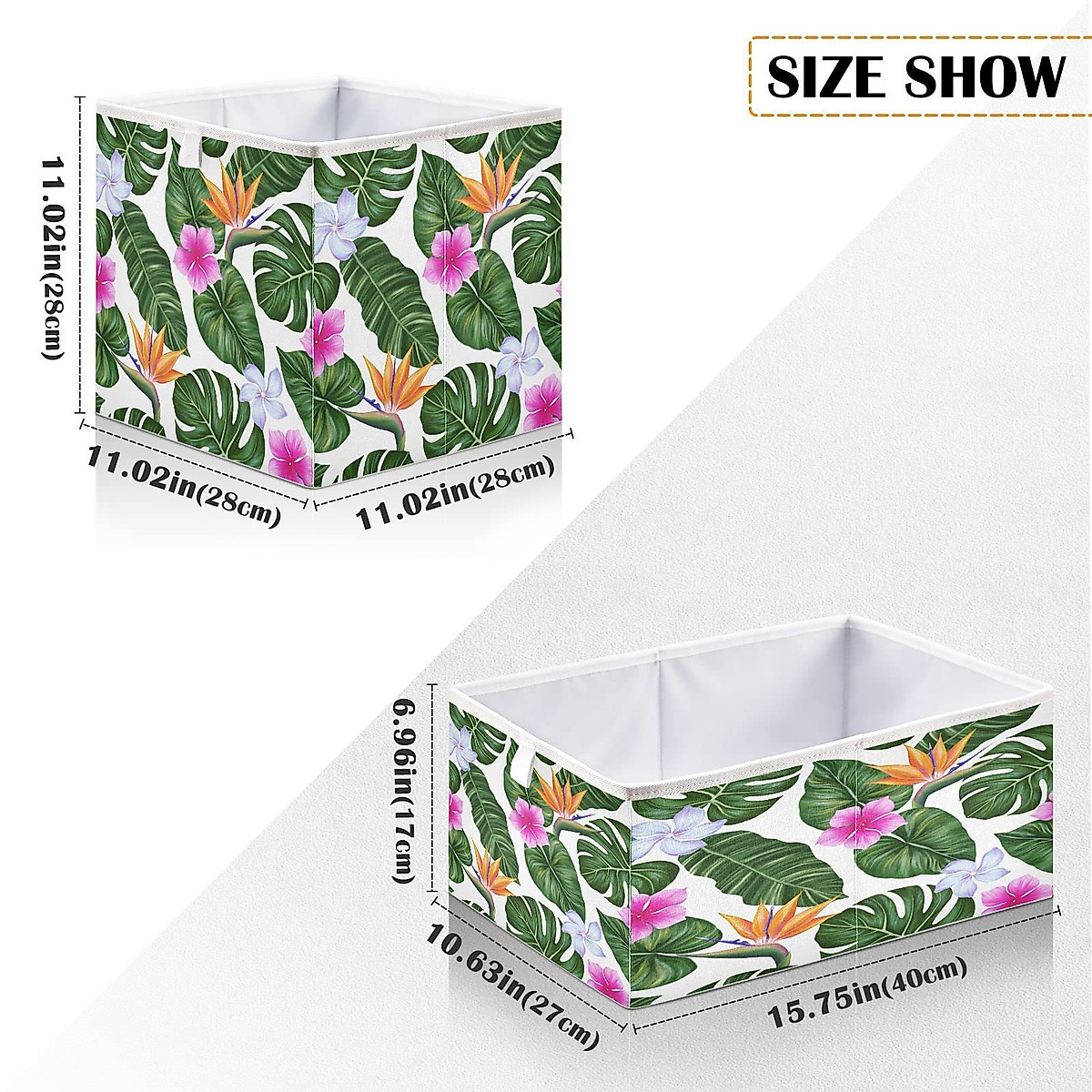 Burbuja Hawaiian Floral Palm Leaf Storage Cubes Fabric Storage Bins Foldable Closet Organizer Basket with Handle, 15.7x10.6x6.7 Inch