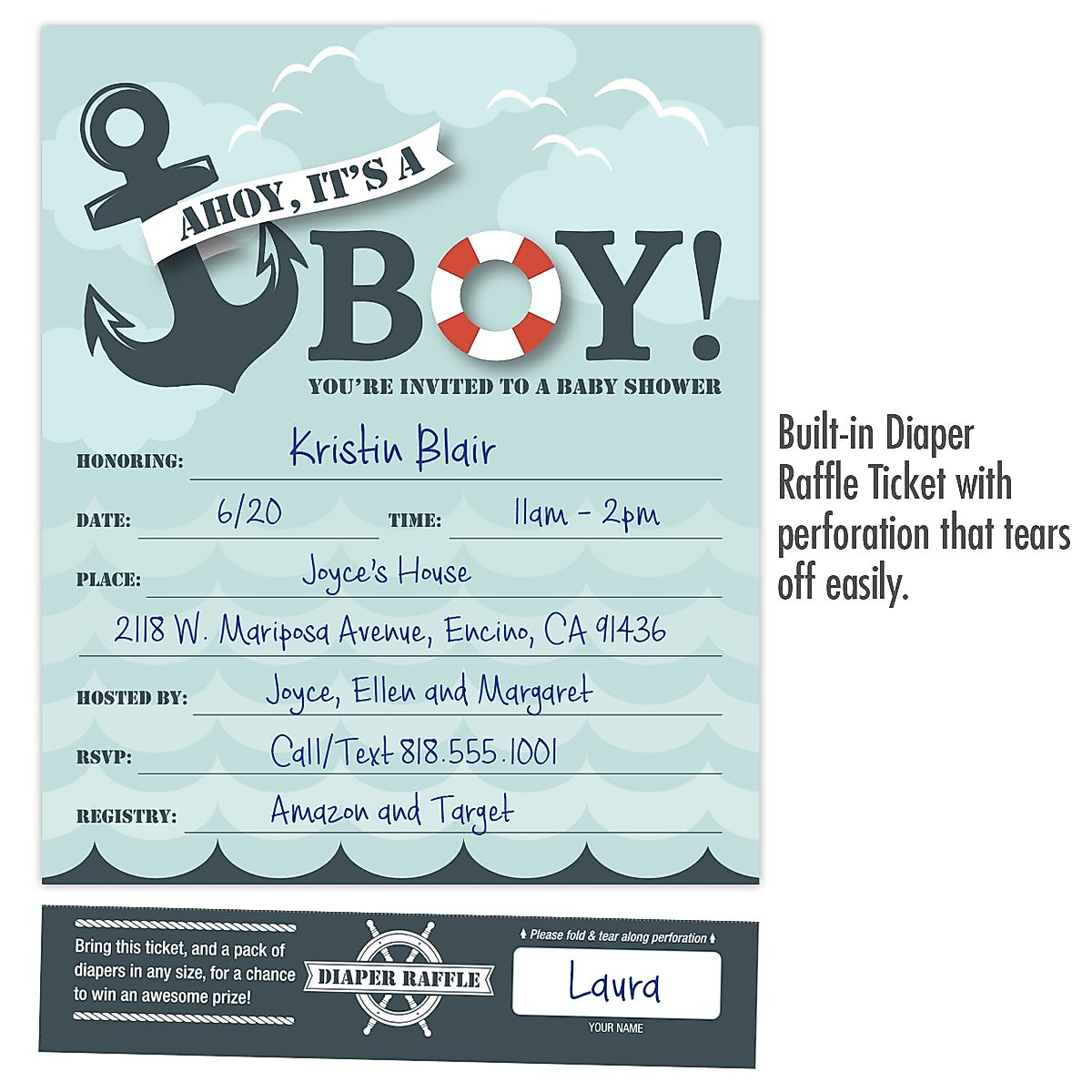 Koko Paper Co It’s A Boy Nautical Baby Shower Invitations with Tear-Off Diaper Raffle Tickets. 25 5x7 Fill in The Blank Style Invites with White A7 Envelopes.
