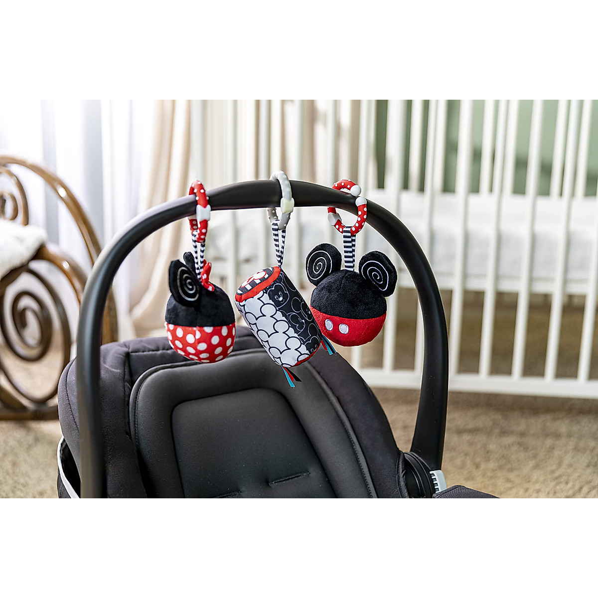 KIDS PREFERRED Disney Baby Mikcey Mouse and Minnie Mouse 3 Pack Hanging Toys, Black and White High Crinkle Plush, Boys and Girls Ages 0+, Stroller On The Go Clip, Teether, Chime Toy (81261)
