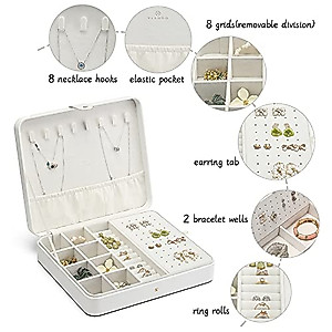 Vlando Travel Jewelry Case for Women - Portable Leather Jewelry Organizer Box for Necklace Earrings Ring Bracelet - Gifts for Teen, Girls, Moms and Daughters - White