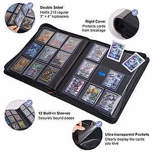PREZA Toploader Binder - Holds 216 Top Loaders - 9 Pocket Trading Card Storage with Double Sided Sleeves for TGC and Sports 3" x 4" Top Loaded Trading Cards (Black)