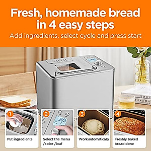 Neretva Bread Maker Machine , 20-in-1 2LB Automatic Breadmaker with Gluten Free Pizza Sourdough Setting, Digital, Programmable, 1 Hour Keep Warm, 2 Loaf Sizes, 3 Crust Colors - Receipe Booked Included (Sliver)