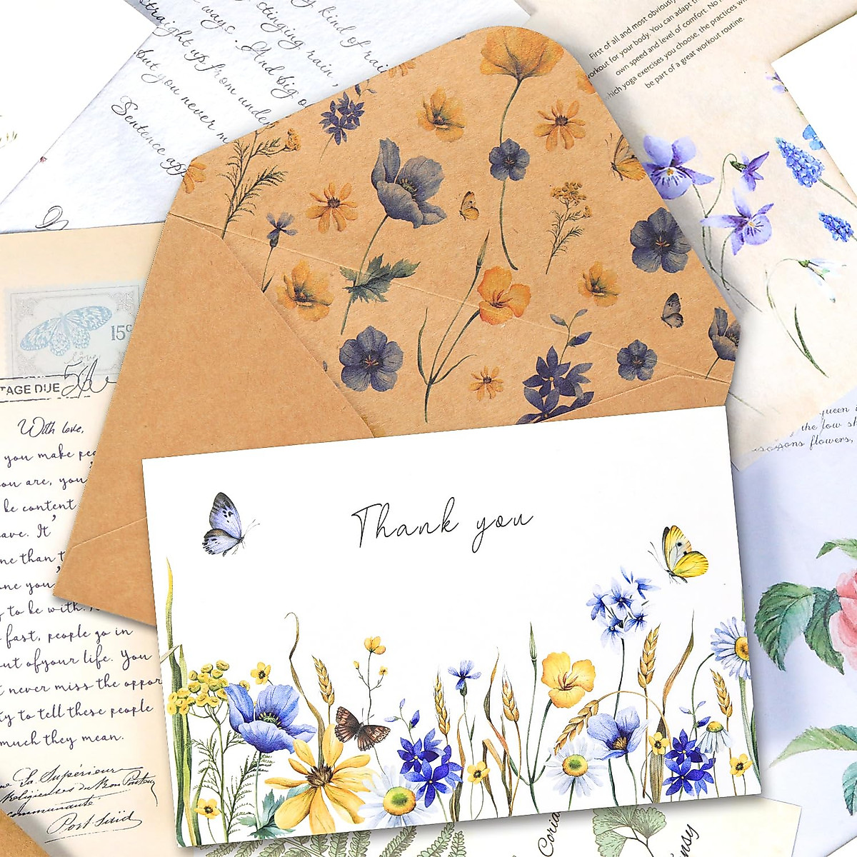 24 Pack Thank You Cards With Envelopes(4 Assorted),Wildflower Greeting Cards for Birthday Wedding Baby Shower Bridal Shower Small Business Party Supplies,Better Decorate Your Thank You Gifts