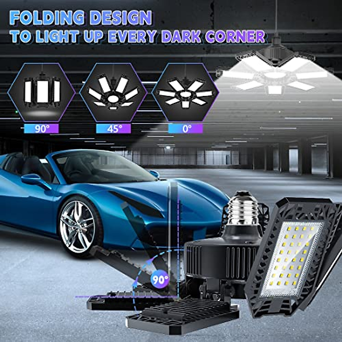 2 Pack LED Garage Light,200W Garage Light 20000lm Deformable Garage Lights Ceiling Shop Light with 7+1 Adjustable Panel,6500K Daylight Folding Screw in Garage Lighting Bulb E26/E27 for Workshop Garage