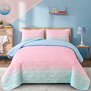 Pink Quilt Set Queen Ombre Blue Pink Mint Quilt Sets Kids Girls Bedding Set 3PCs Summer Reversible Lightweight Microfiber Bedspread Coverlet Sets for All Season (96''x90'')