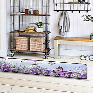 Purple Flowers and Butterflies Kitchen Rugs Non-Slip Soft Doormats Bath Carpet Floor Runner Area Rugs for Home Dining Living Room Bedroom 72" X 24"