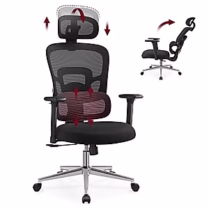 VASAGLE Ergonomic Office Chair, High Back Desk Chair, Mesh Computer Chair with Height Adjustable Lumbar Support, Adjustable 3D Headrest and Armrests, for Home Office, Ink Black UOBN070B21
