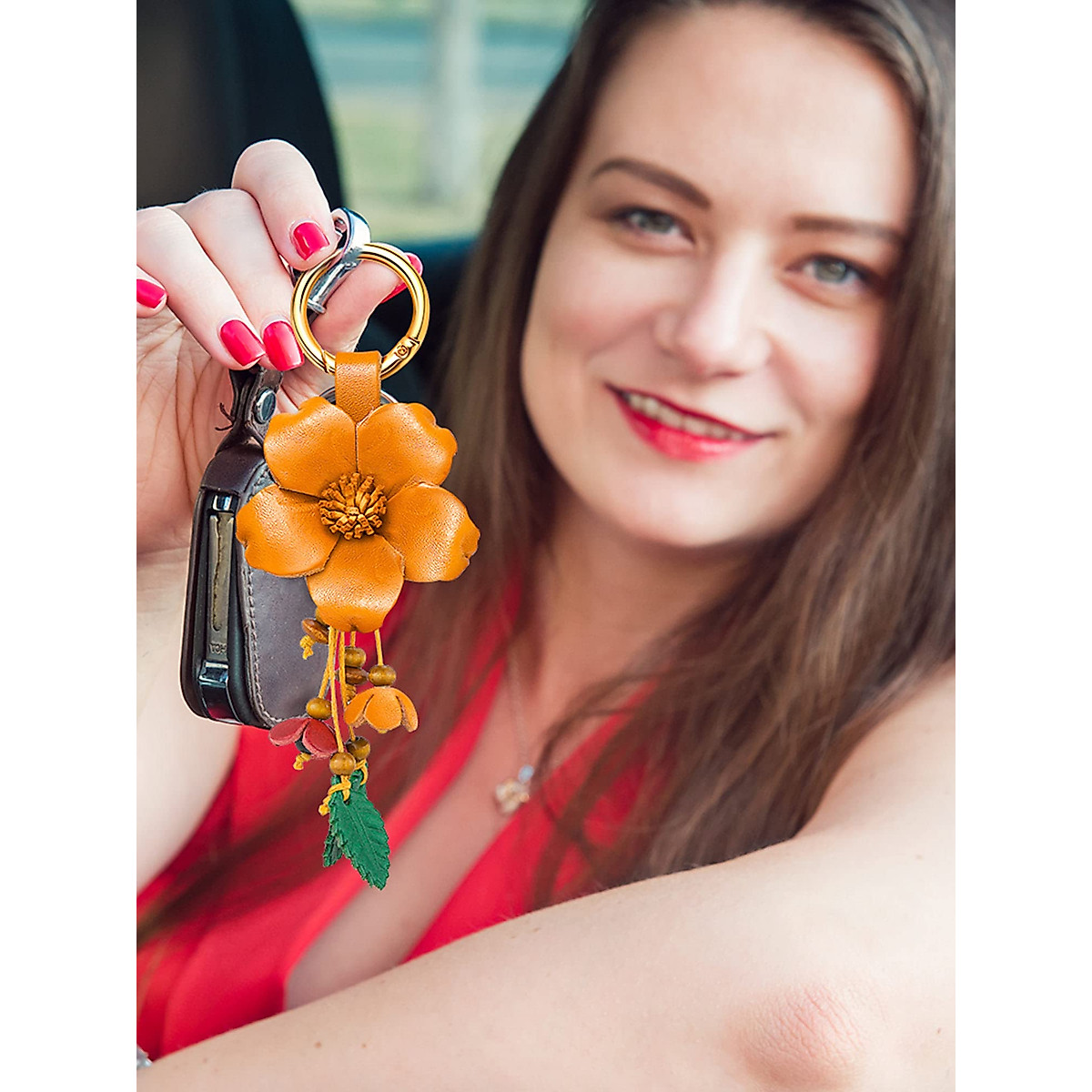 Inbagi Leather Leaf Flower Tassel Keychain Boho Accessories Cute Keychains for Women Wallet Bag Purse Ring Pendant Charms (Yellow)