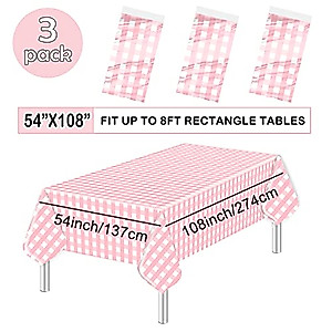 HEIPINIUYE 3 Pack White and Pink Checkered Tablecloth 54 x 108 Plastic Table Cover 8 ft Rectangle Disposable Gingham Table Cloths for Indoor Outdoor Party Birthday Camping Picnic Baby Shower