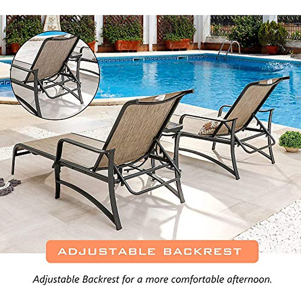 LOKATSE HOME 3 Pieces Outdoor Chaise Lounge Set Patio Pool Chairs Adjustable Back Steel Teslin with Coffee Table, Grey