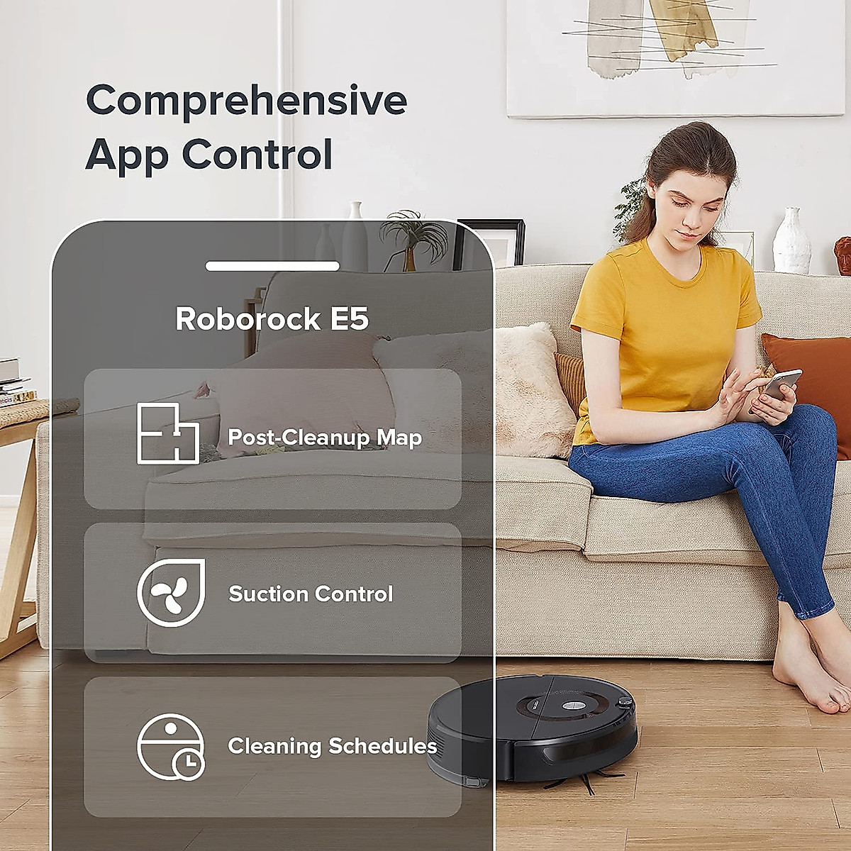 Roborock E5 Mop Robot Vacuum and Mop, Self-Charging Robotic Vacuum Cleaner, 2500Pa Strong Suction, Wi-Fi Connected, APP Control, Compatible with Alexa, Ideal for Pet Hair, Carpets (Black) (Renewed)